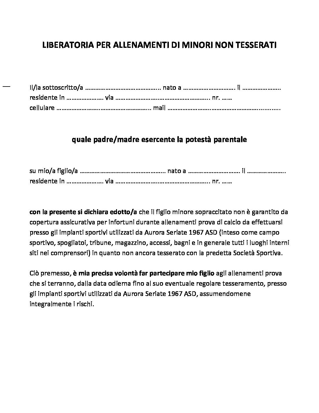 liberatoria per prove sportive | Aurora SeriateAurora Seriate